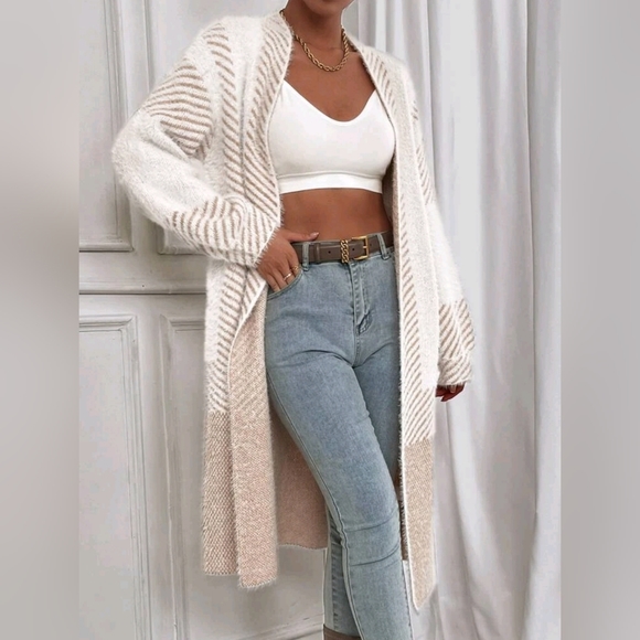 Sweaters | New Chic Striped Duster Maxi Cardigan Sweater Jacket Tan ...